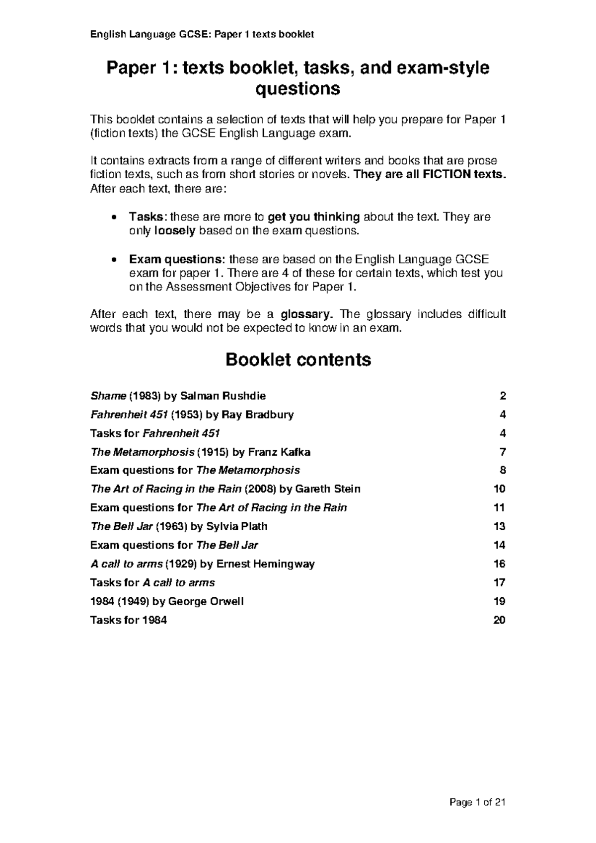 GCSE English Language Paper 1: Fiction Texts Booklet & Tasks - Studocu