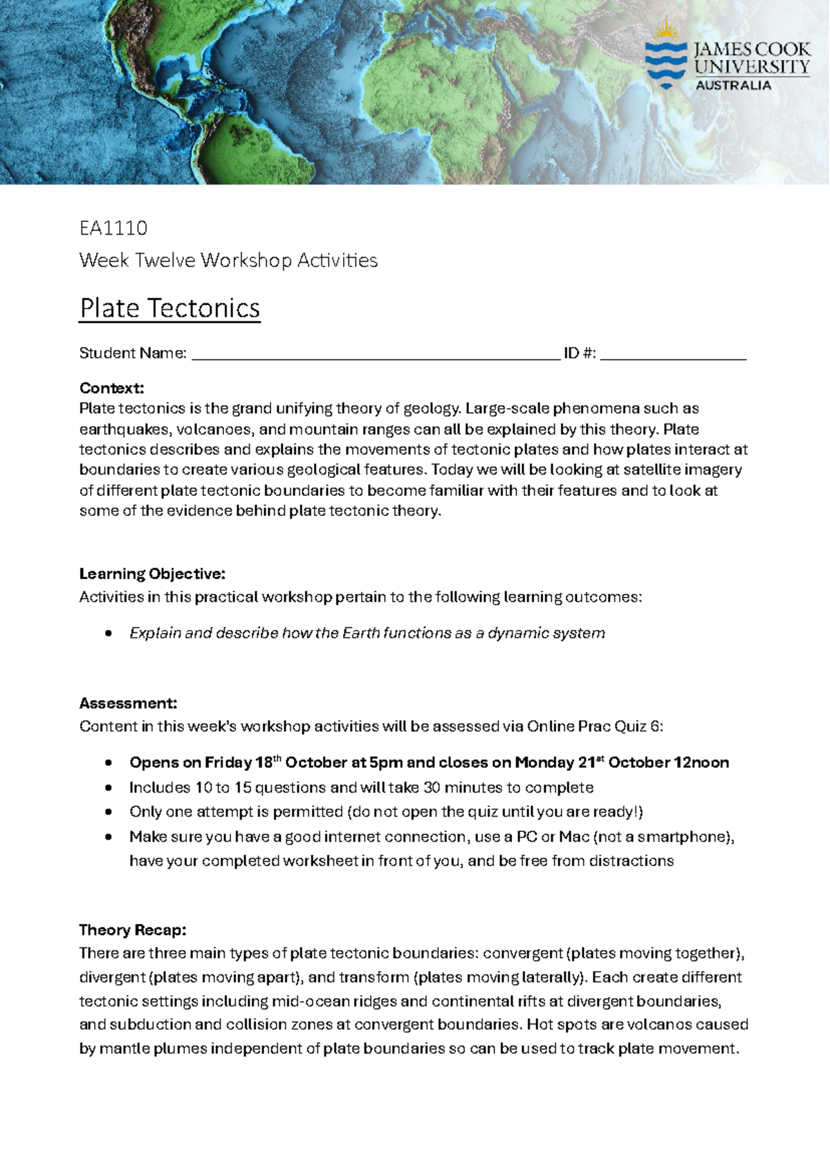 Plate Tectonics Workshop Activities - Week 12 (ID: Student Name) - Studocu