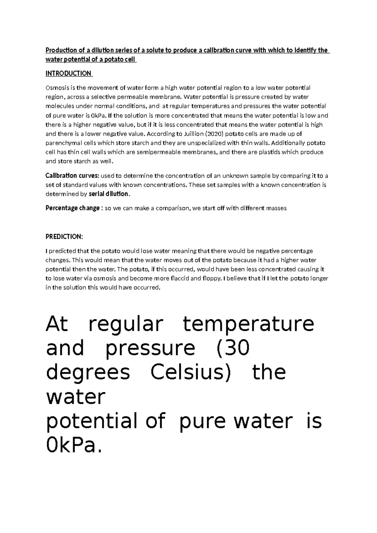 Osmosis Experiment: Calibration Curve and Water Potential of Potato ...