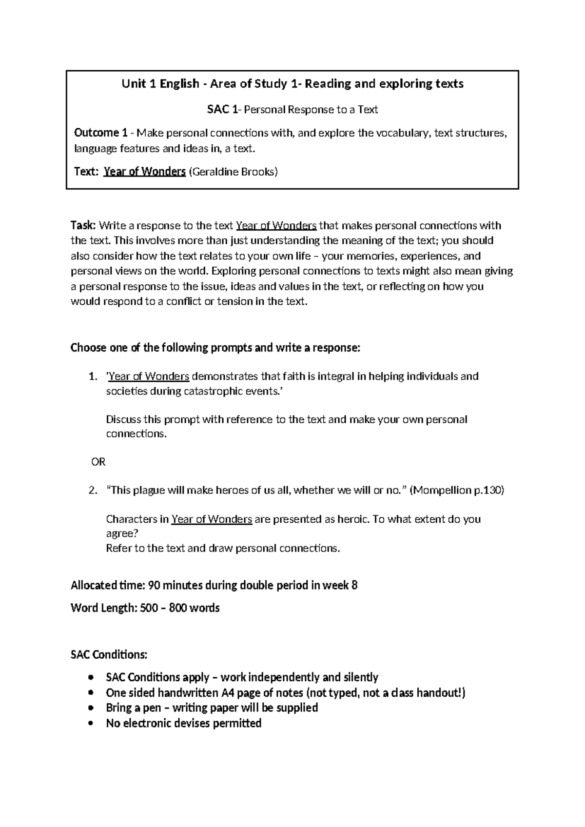 2024 Unit 1 English SAC1 Personal Response to 'Year of Wonders' - Studocu