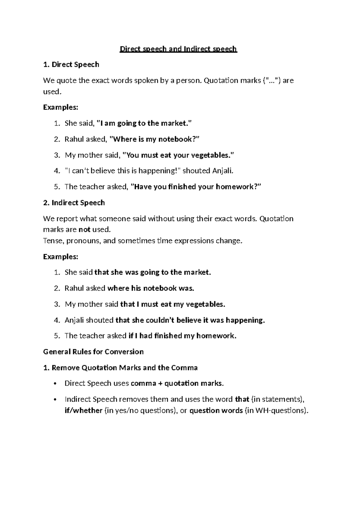 Direct and Indirect Speech: Key Concepts and Examples - Studocu