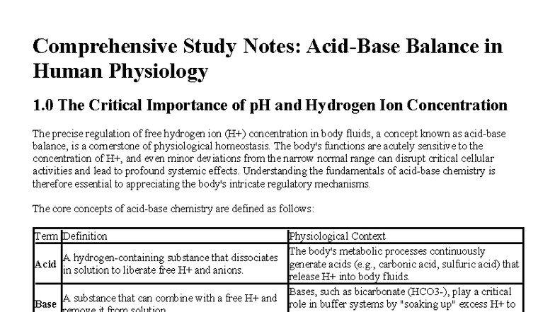 Comprehensive Study Notes: pH Balance in Human Physiology (BIO 101 ...