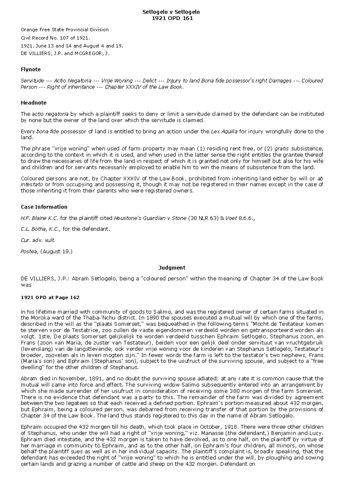 Setlogelo v Setlogelo 1921 OPD 161: Legal Analysis and Judgment Summary ...