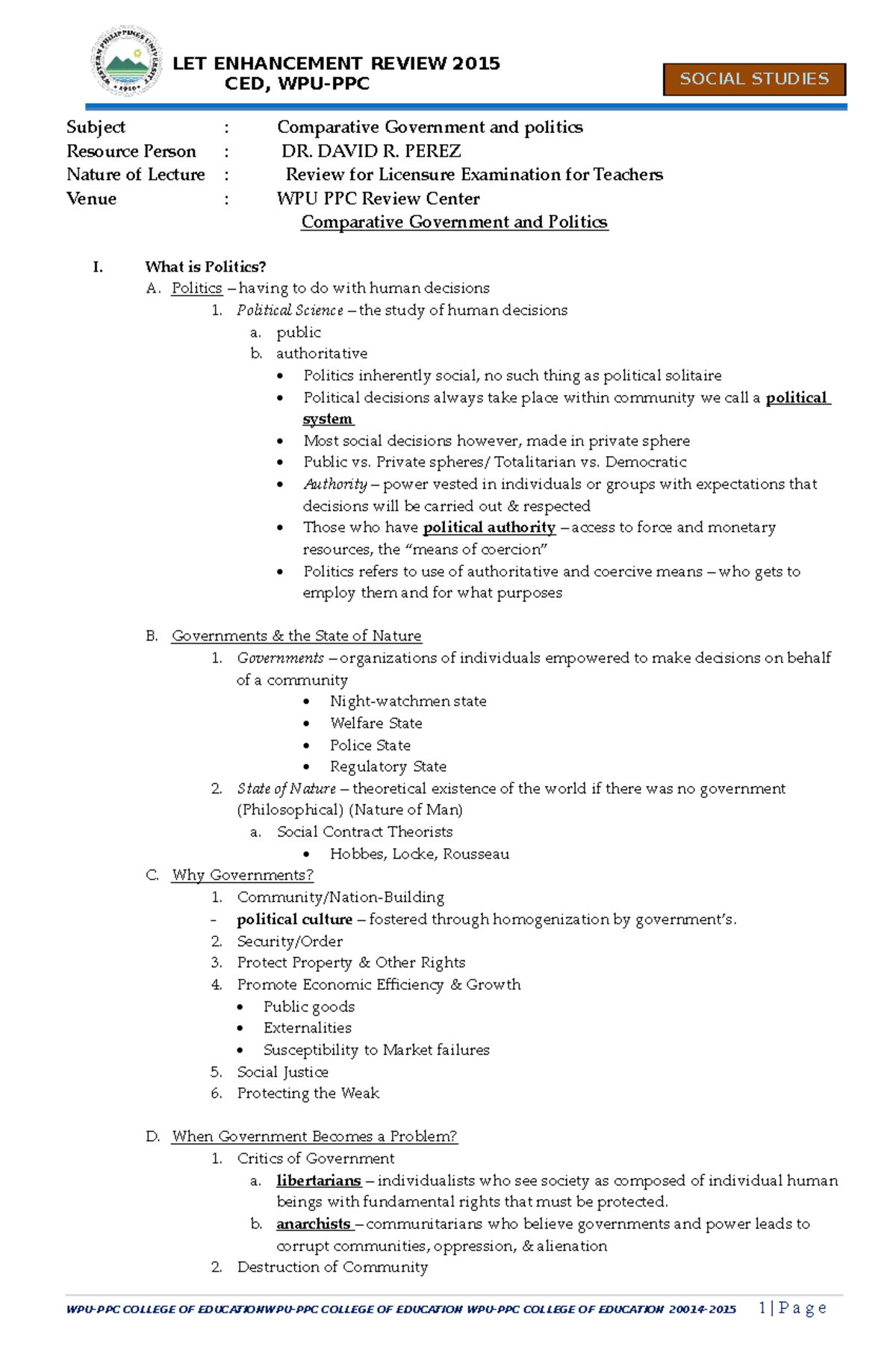 LET ENHANCEMENT REVIEW 2015 CED: Comparative Government & Politics ...