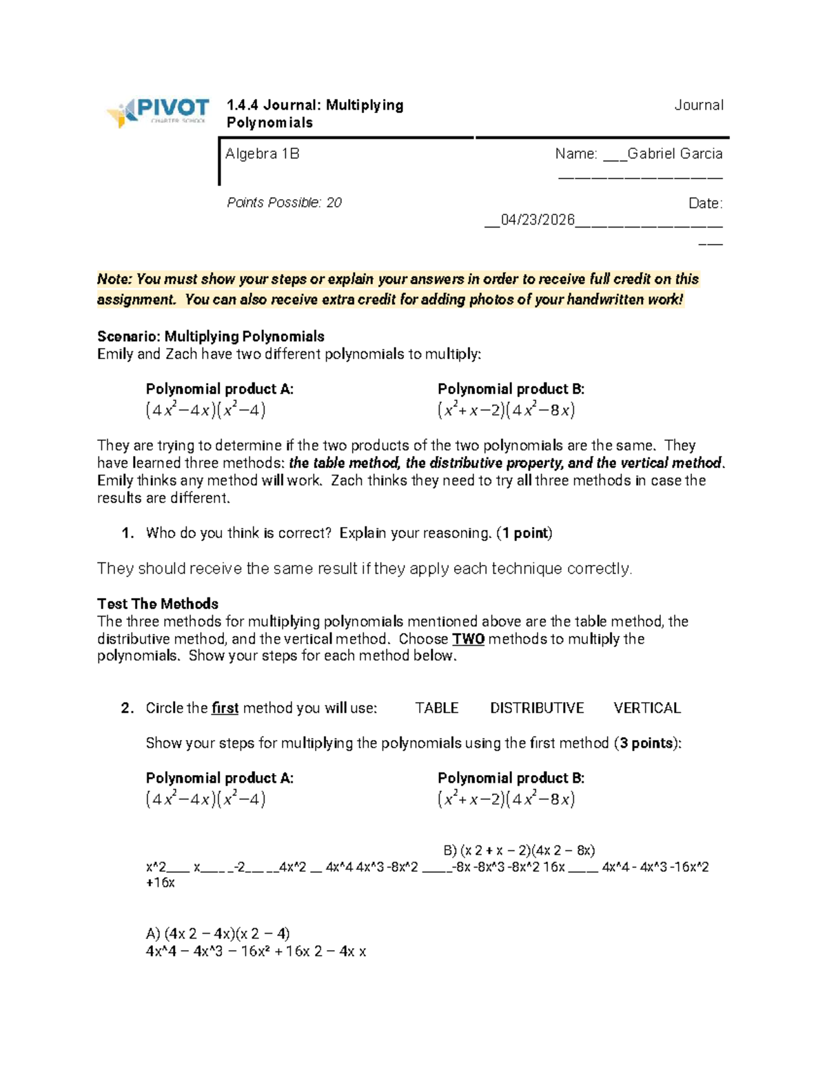 Algebra 1B: Journal on Multiplying Polynomials - Assignment Guide - Studocu