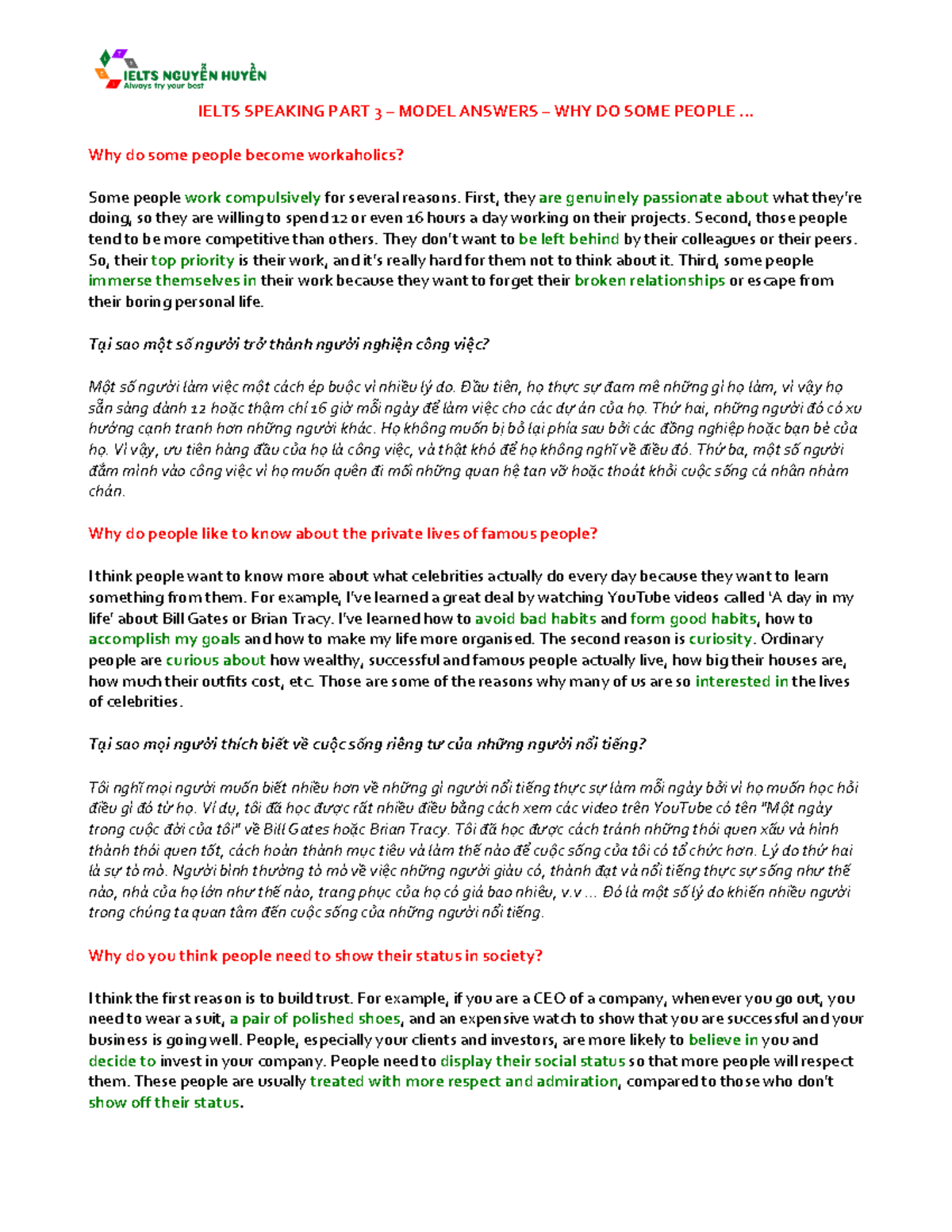 IELTS Speaking Part 3 Model Answers: Insights on Workaholism and Fame ...