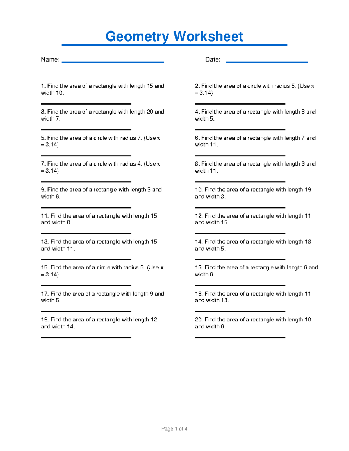 Geometry Worksheet 8 - Area Calculations and Word Problems - Studocu