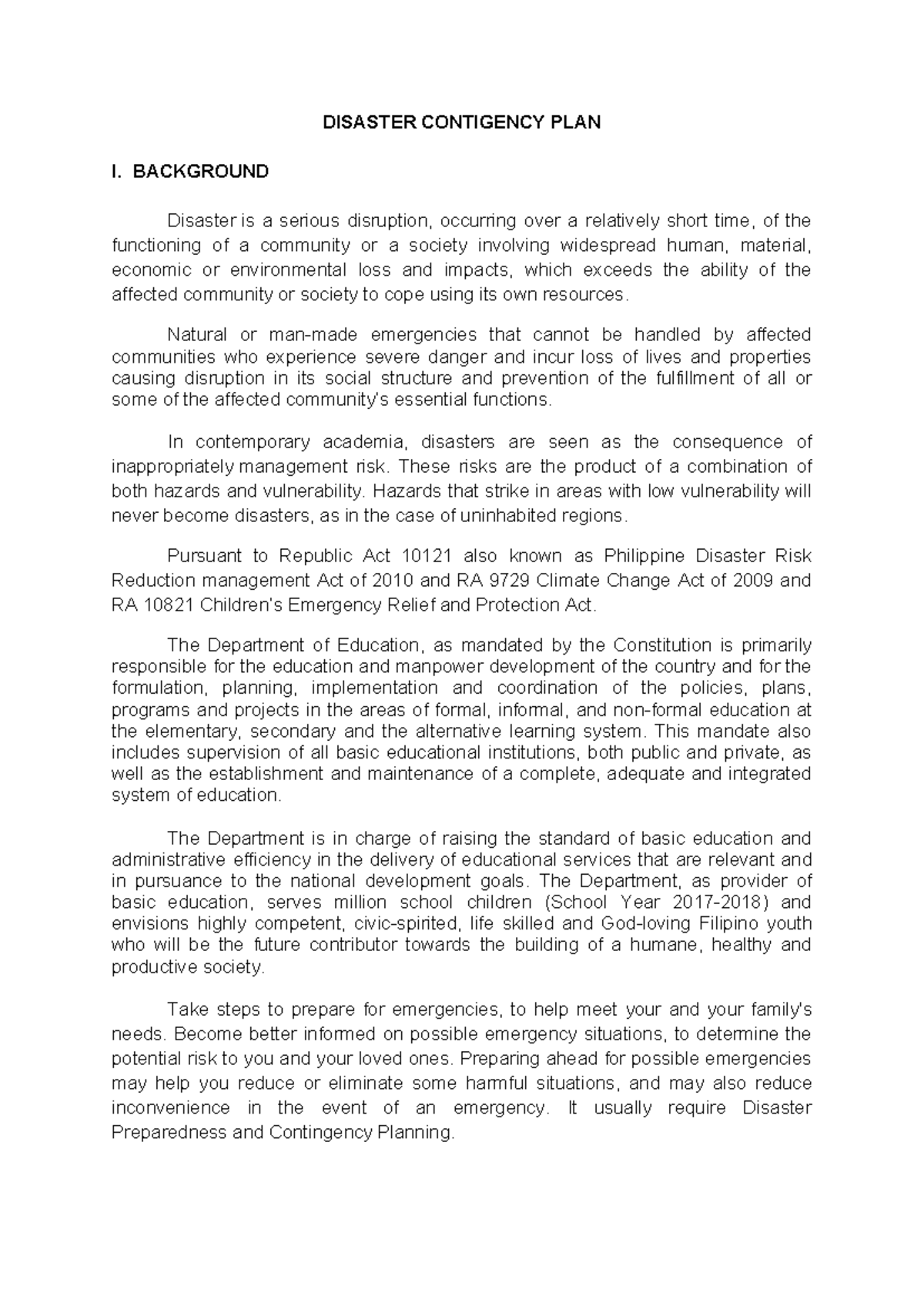 Balugo ES Disaster Contingency Plan: Preparedness for Typhoons - Studocu