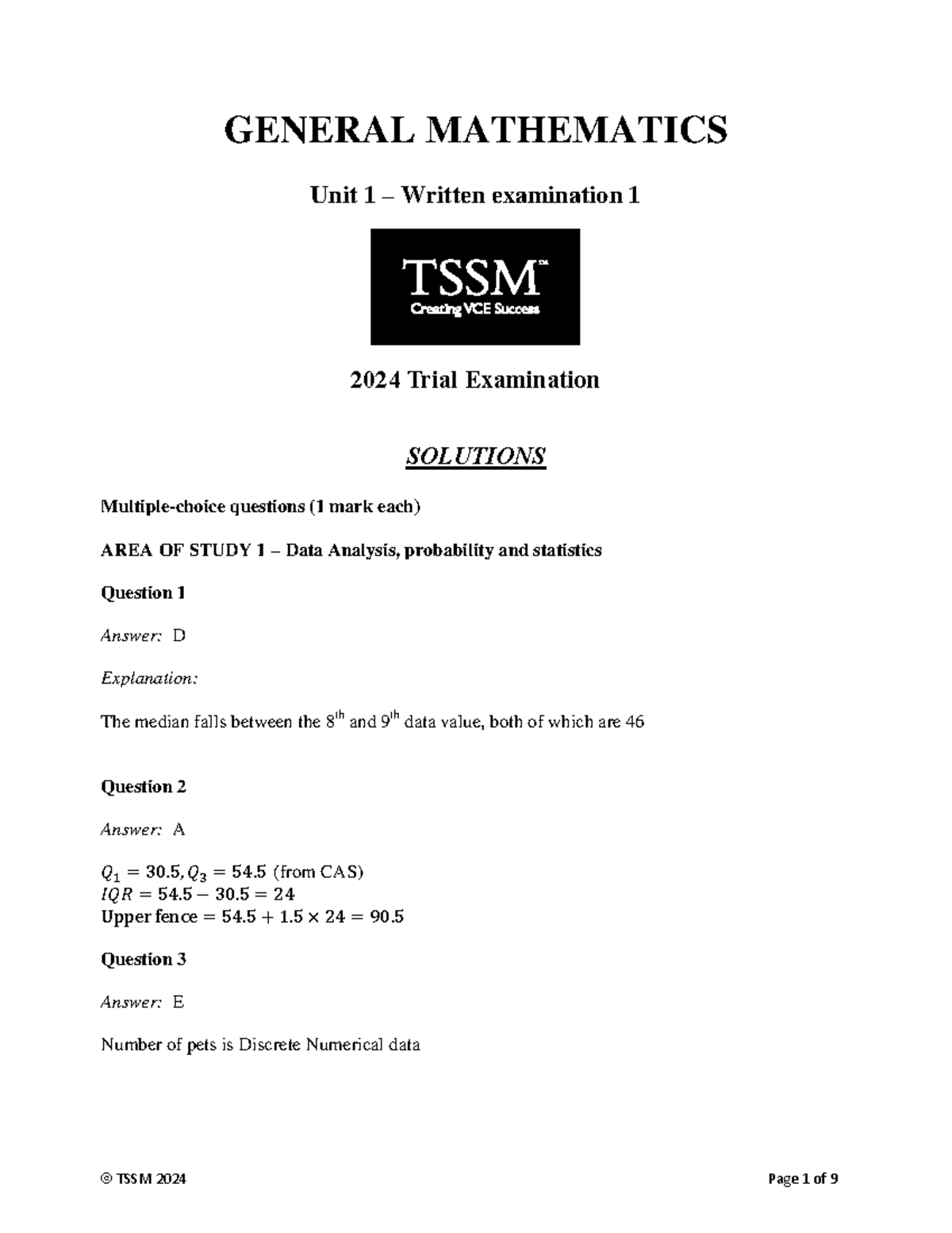 GENERAL MATHEMATICS 2024 Unit 1 Trial Exam 1 Solutions - Studocu