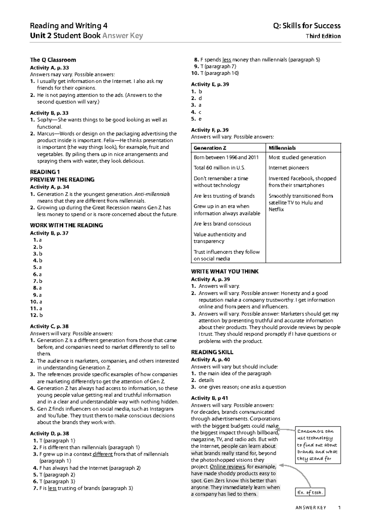 Answer Key for Reading and Writing 4: Q Skills for Success Unit 2 - Studocu