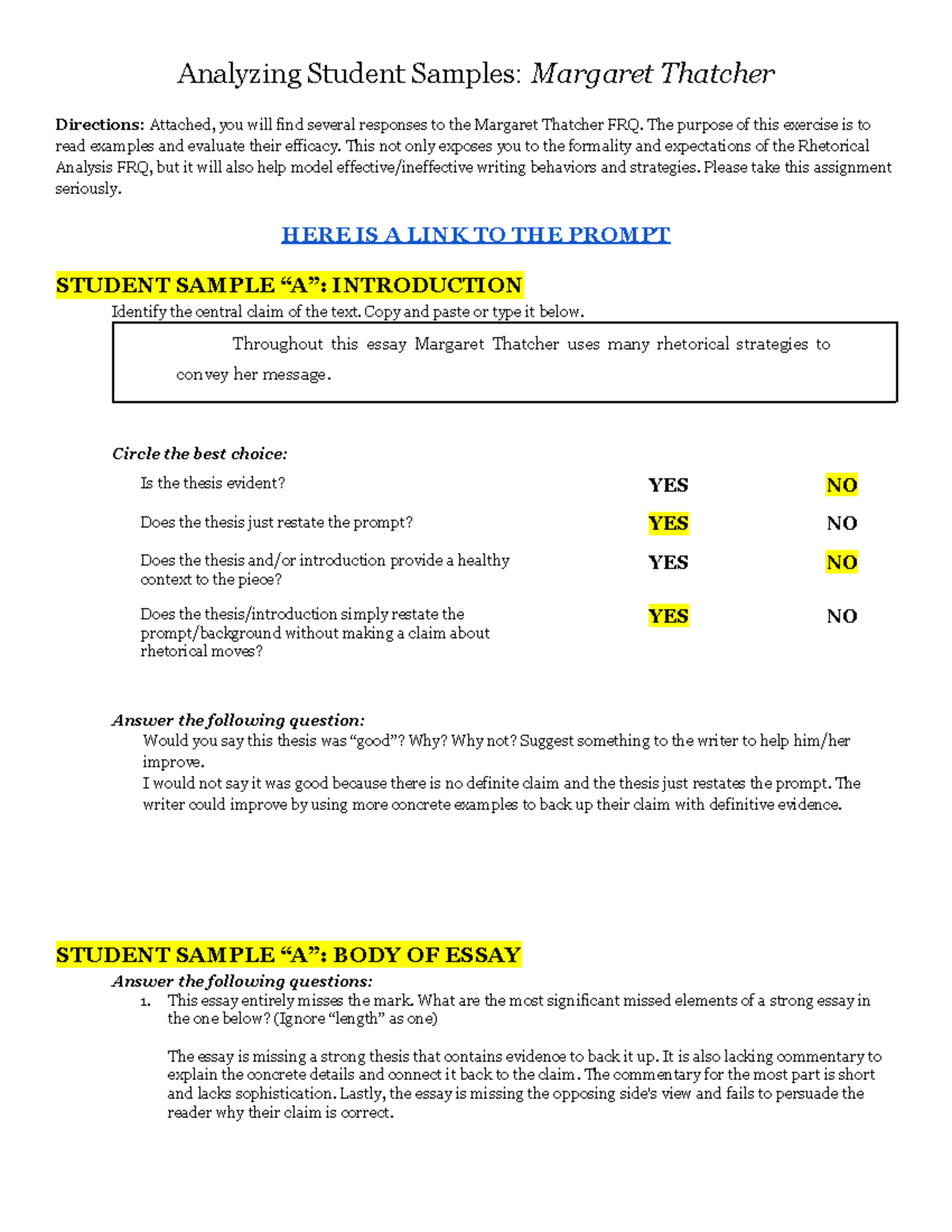 Analyzing Student FRQ Samples on Rhetoric: Thatcher (Response Sheet ...