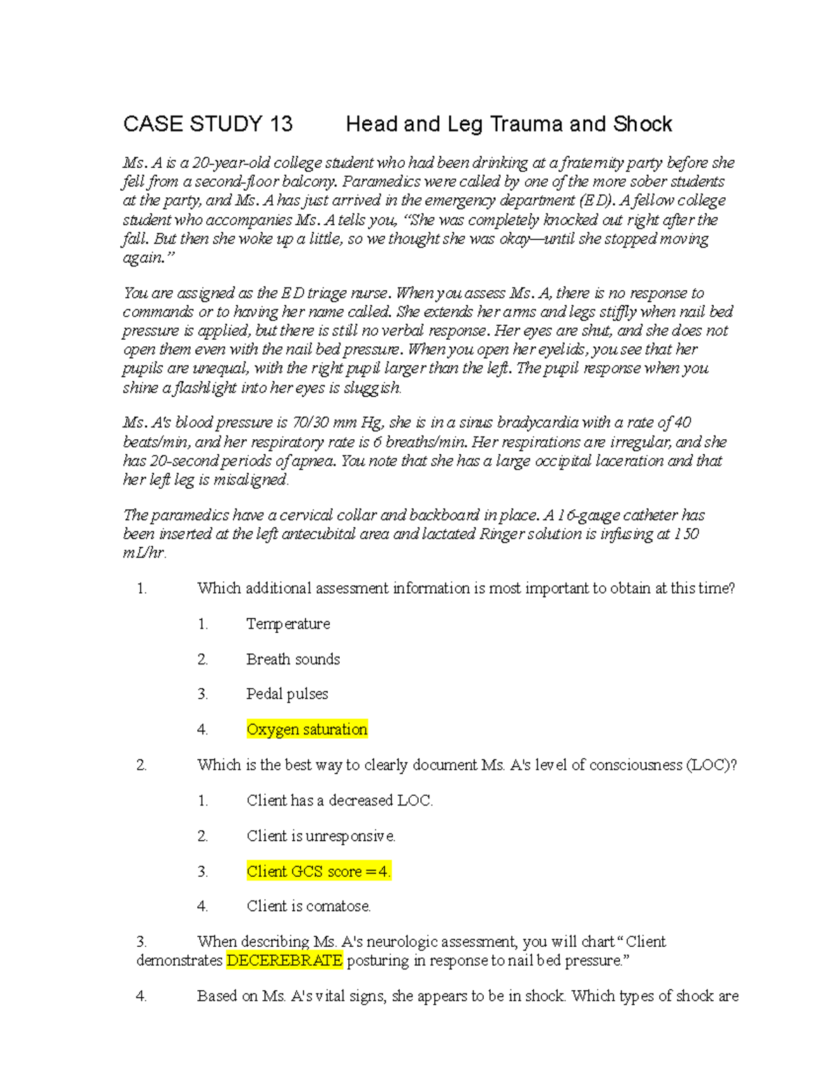 Trauma Shock Case Study - CASE STUDY 13 Head and Leg Trauma and Shock ...