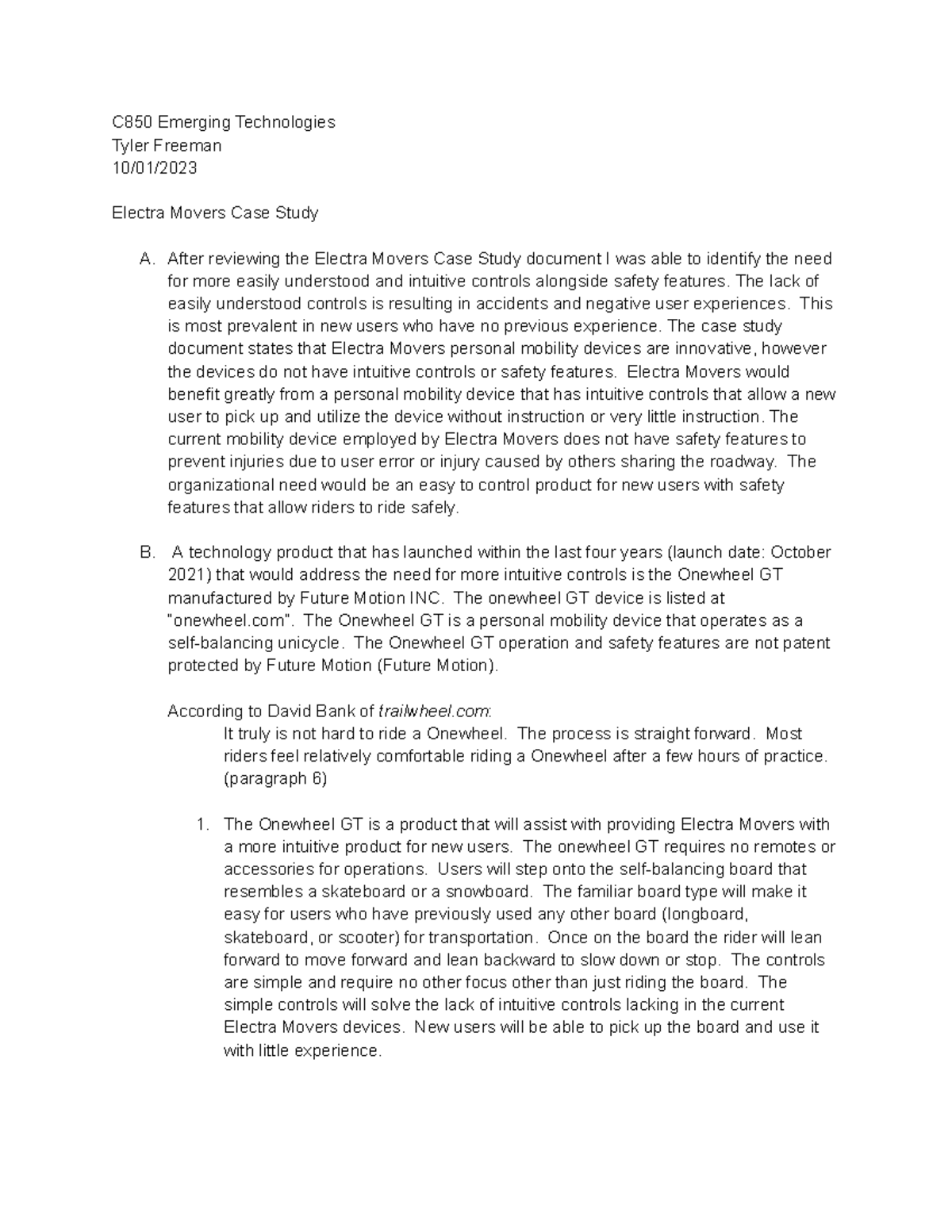 C850 Case Study: Enhancing Electra Movers with Onewheel GT Integration - Studocu