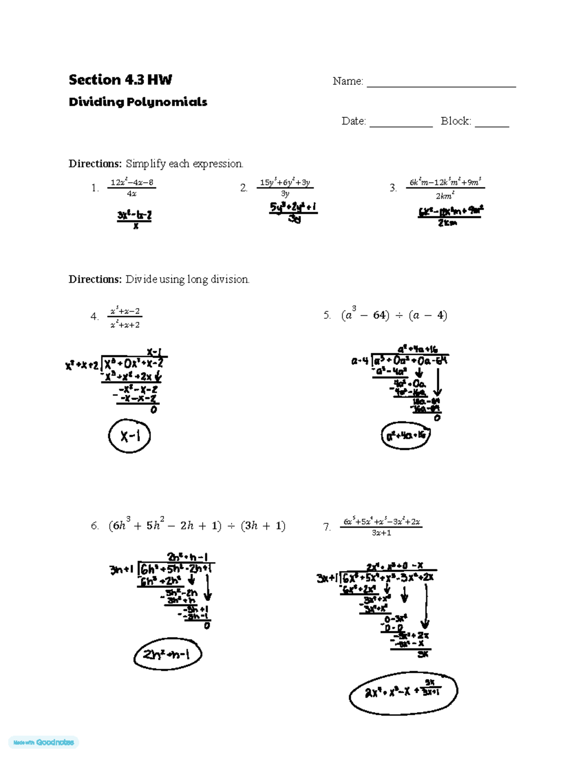 4.3 HW Dividing Polynomials - Section 4. 3 HW Name ...