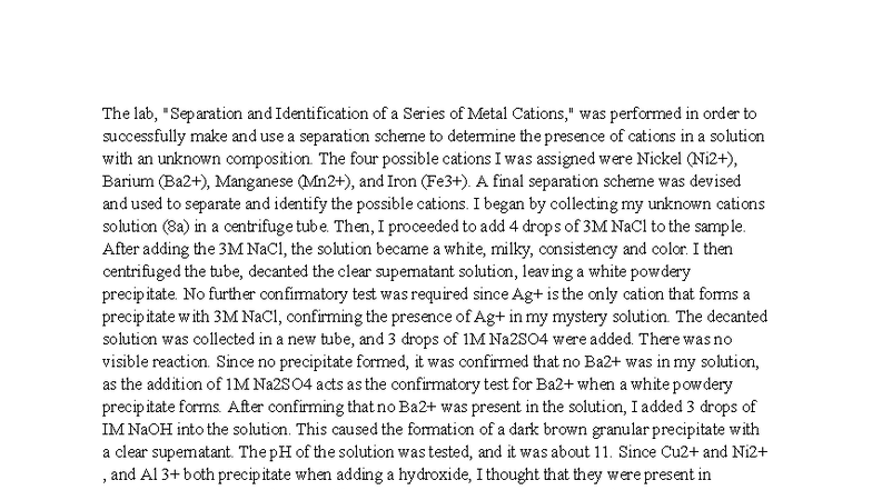Lab Report: Identification of Cations in Unknown Solution (Chem 101 ...