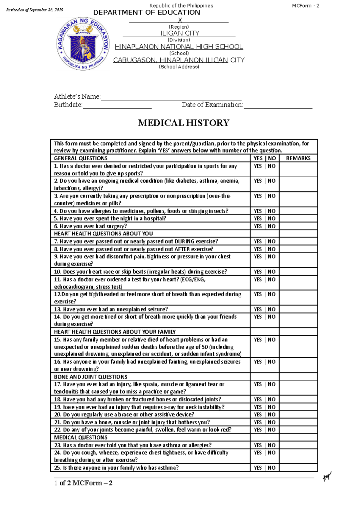 Medical Clearance Form for Athletes 2.1 - Health History Review - Studocu