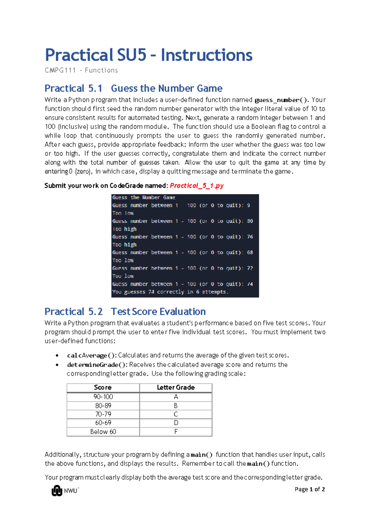 Practical SU5 Functions: Guess the Number & Test Score Evaluation - Studocu