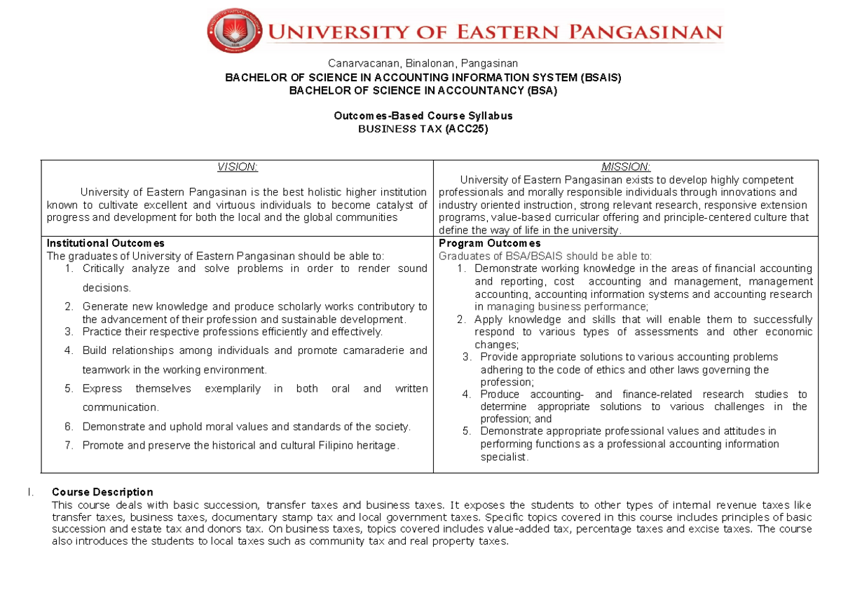 Business Tax (ACC25) Course Syllabus - BSAIS/BSA Program - Studocu