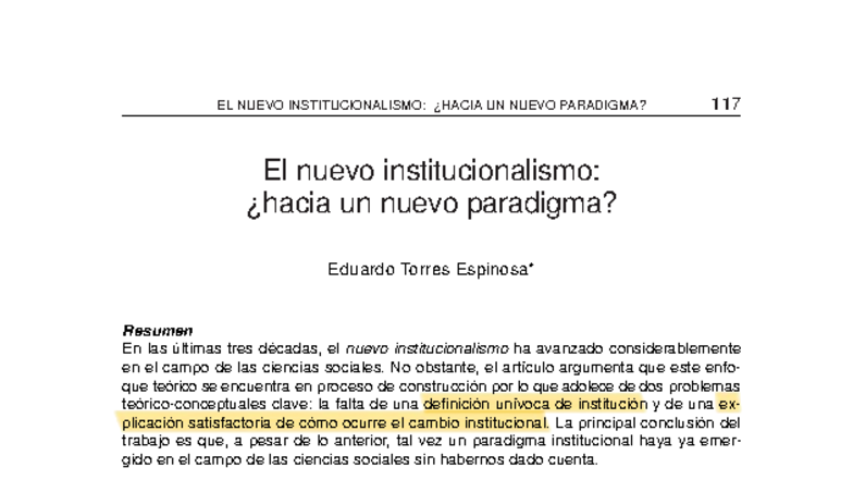 EL NUEVO INSTITUCIONALISMO: UN PARADIGMA EMERGENTE EN CIENCIAS SOCIALES ...