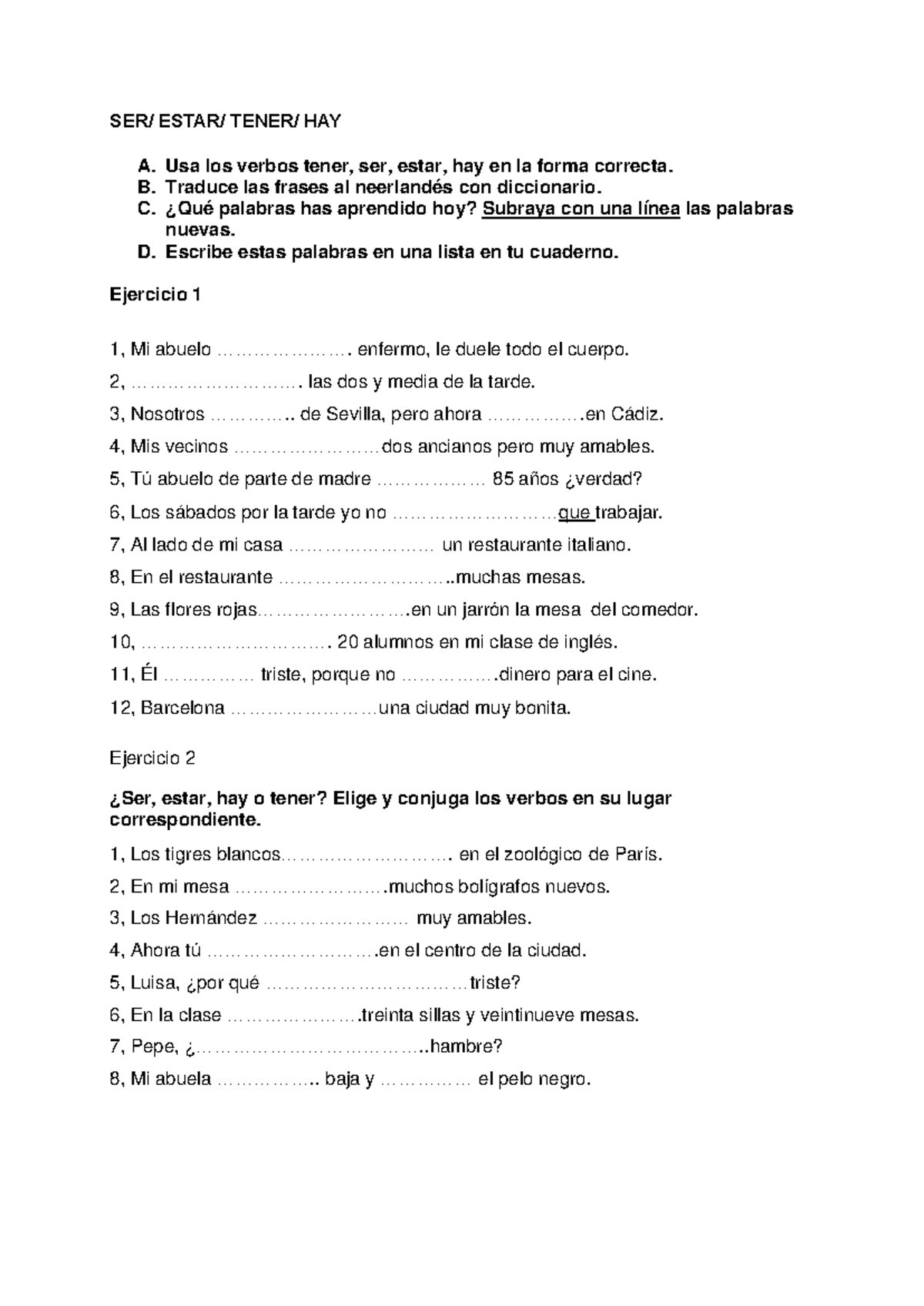 Ejercicios de Ser, Estar, Tener y Hay - Gramática en Español - Studeersnel