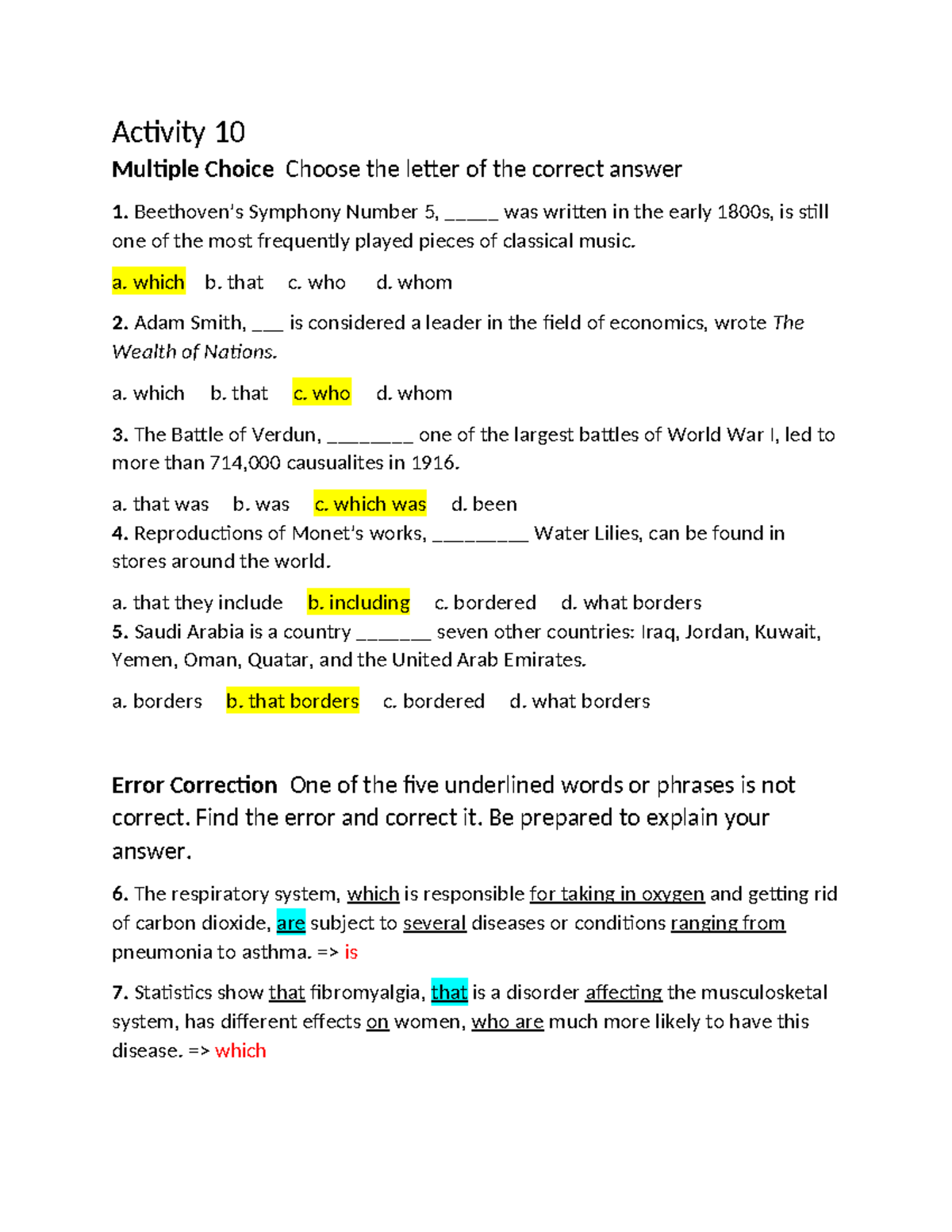 Activity 10 - Multiple Choice & Error Correction Questions in English ...
