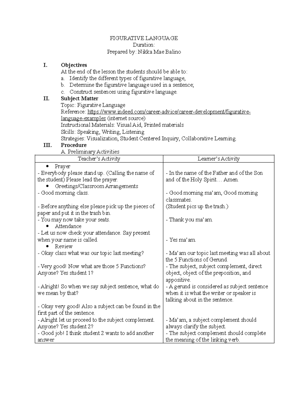 Figurative Language Lesson Plan for Grade 9 - LP 9.3 - Studocu