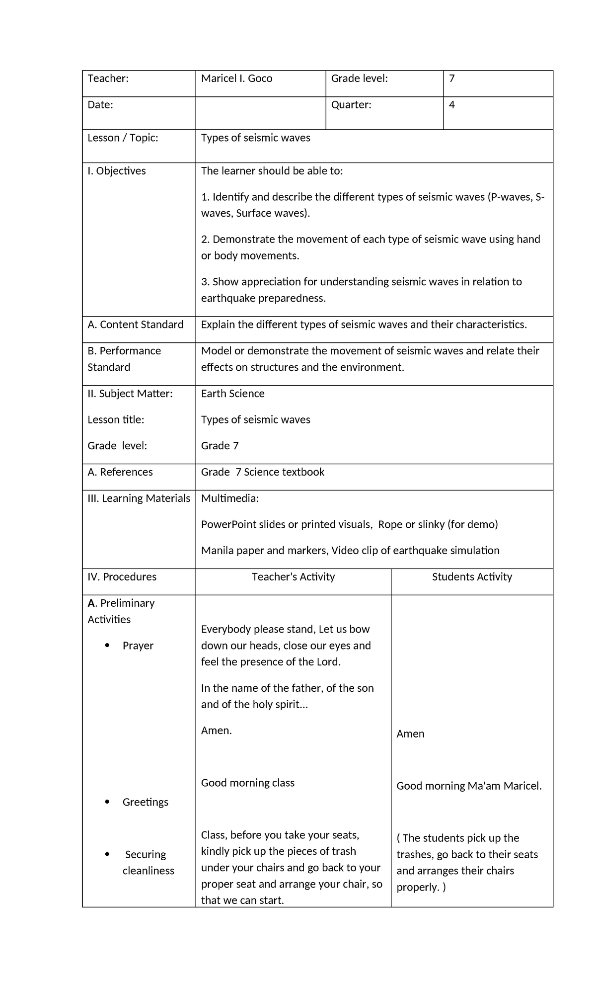Types of Seismic Waves - Grade 7 Detailed Lesson Plan - Studocu
