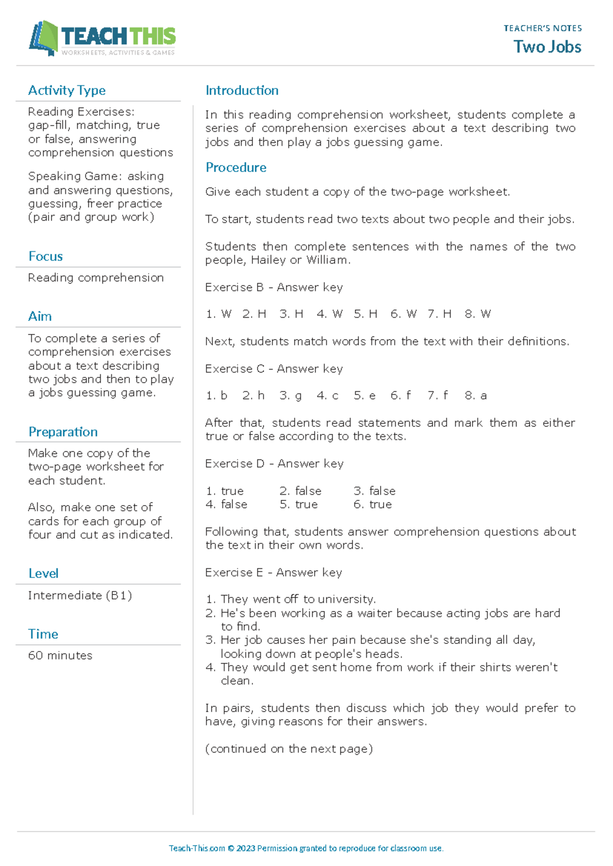 E1 Reading 1: Two Jobs Worksheets and Activities - Studocu
