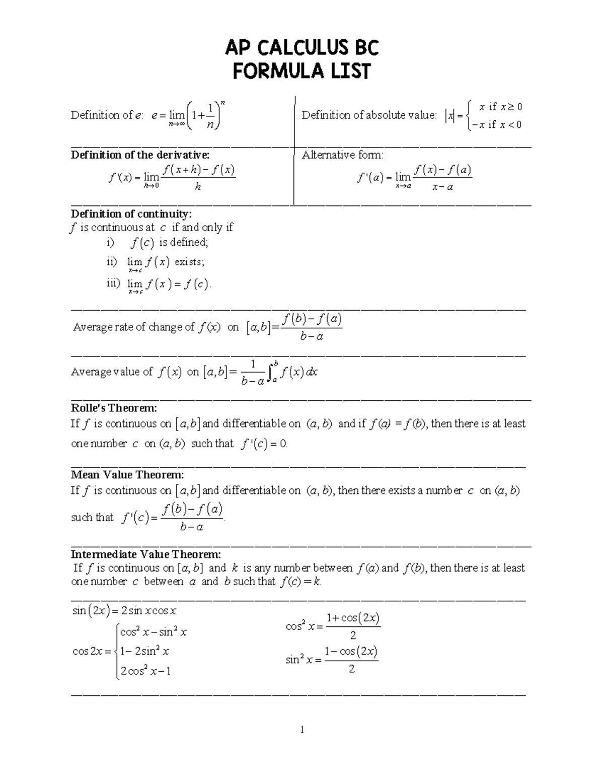 AP CALCULUS BC - Comprehensive Formula List for 2024 - Studocu