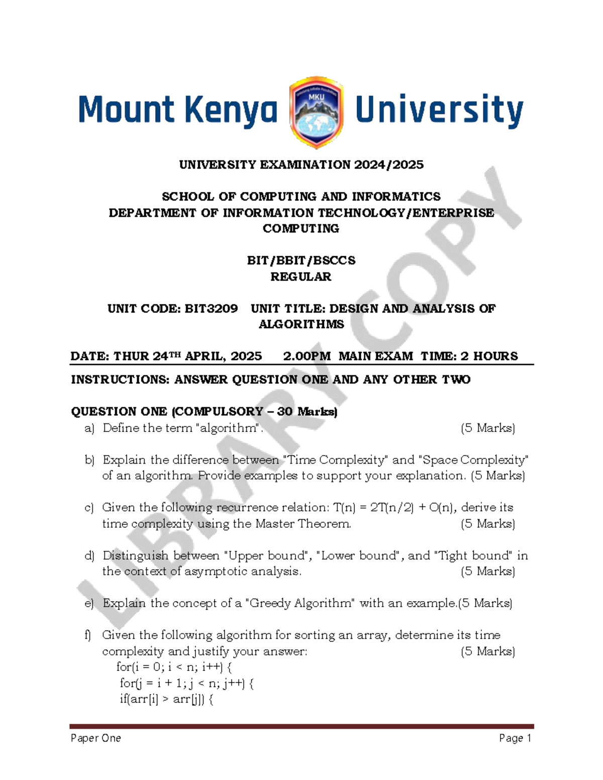 BIT3209 Final Exam: Design and Analysis of Algorithms - April 2025 ...