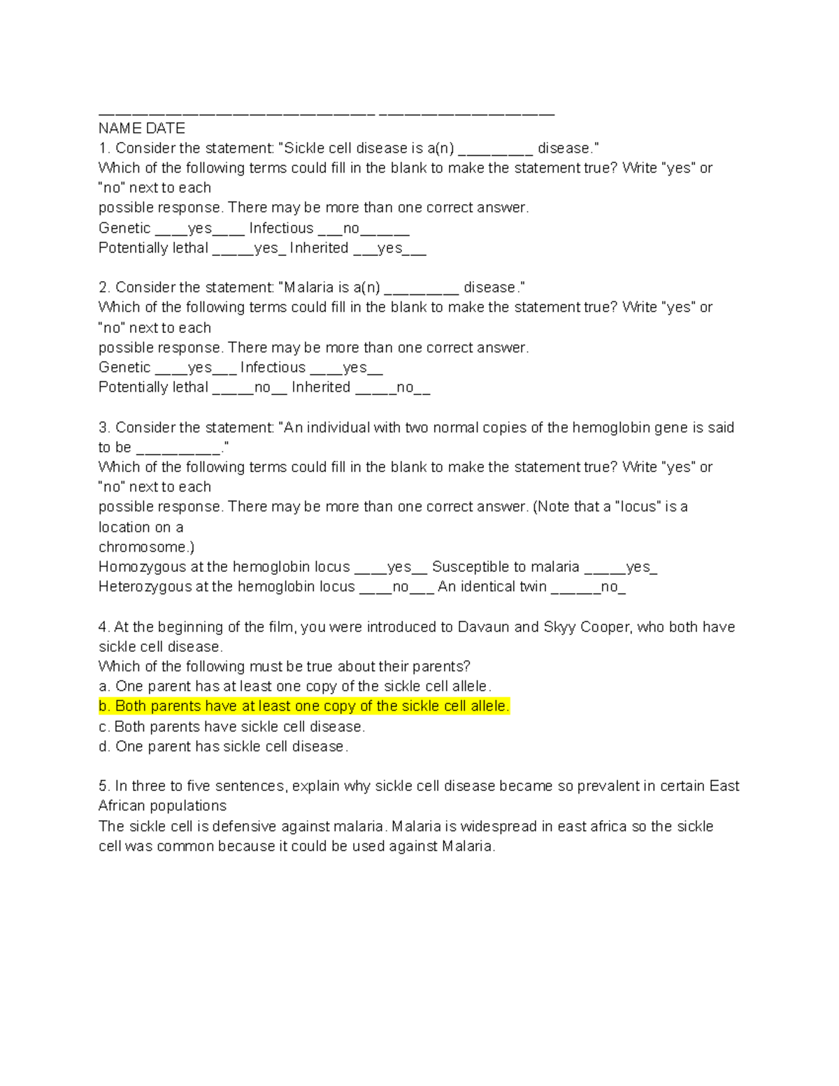 Sickle Cell Disease WS Answer Key Analysis and Explanations - Studocu