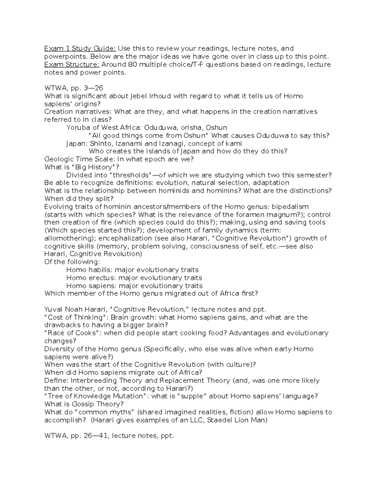 Exam 1 Study Guide: Key Concepts in Human Origins and Agriculture - Studocu