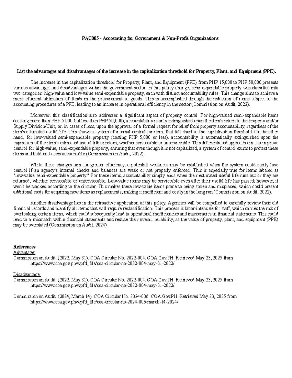 PAC005 - Advantages and Disadvantages of Capitalization Threshold ...