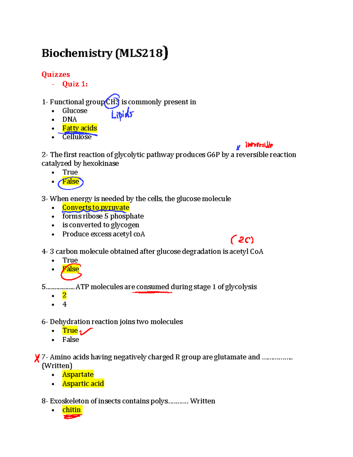 Biochemistry (MLS218) Quiz 1: Functional Groups and Glycolysis Insights ...