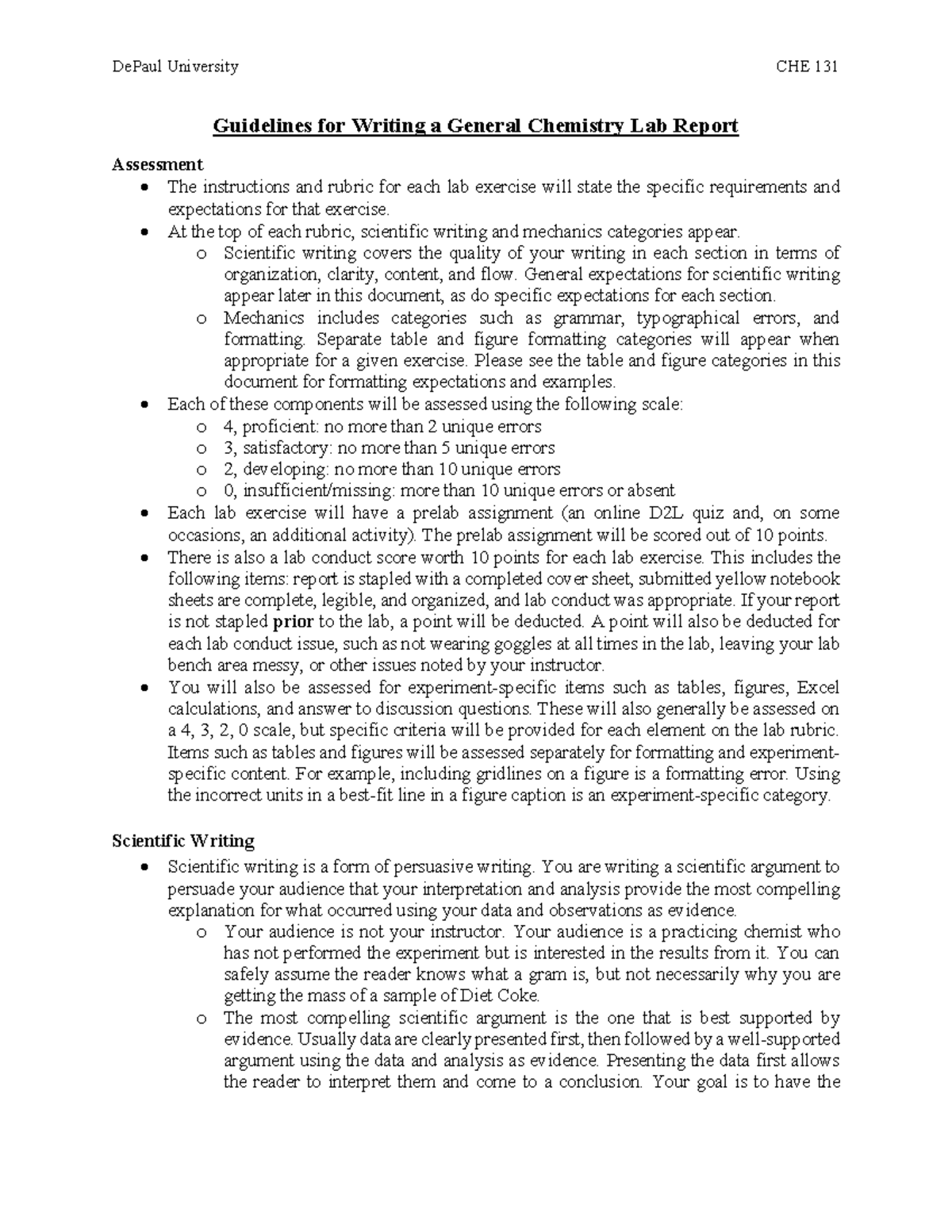 Lab Report Writing Guidelines for CHE 131 - WQ22 - Studocu