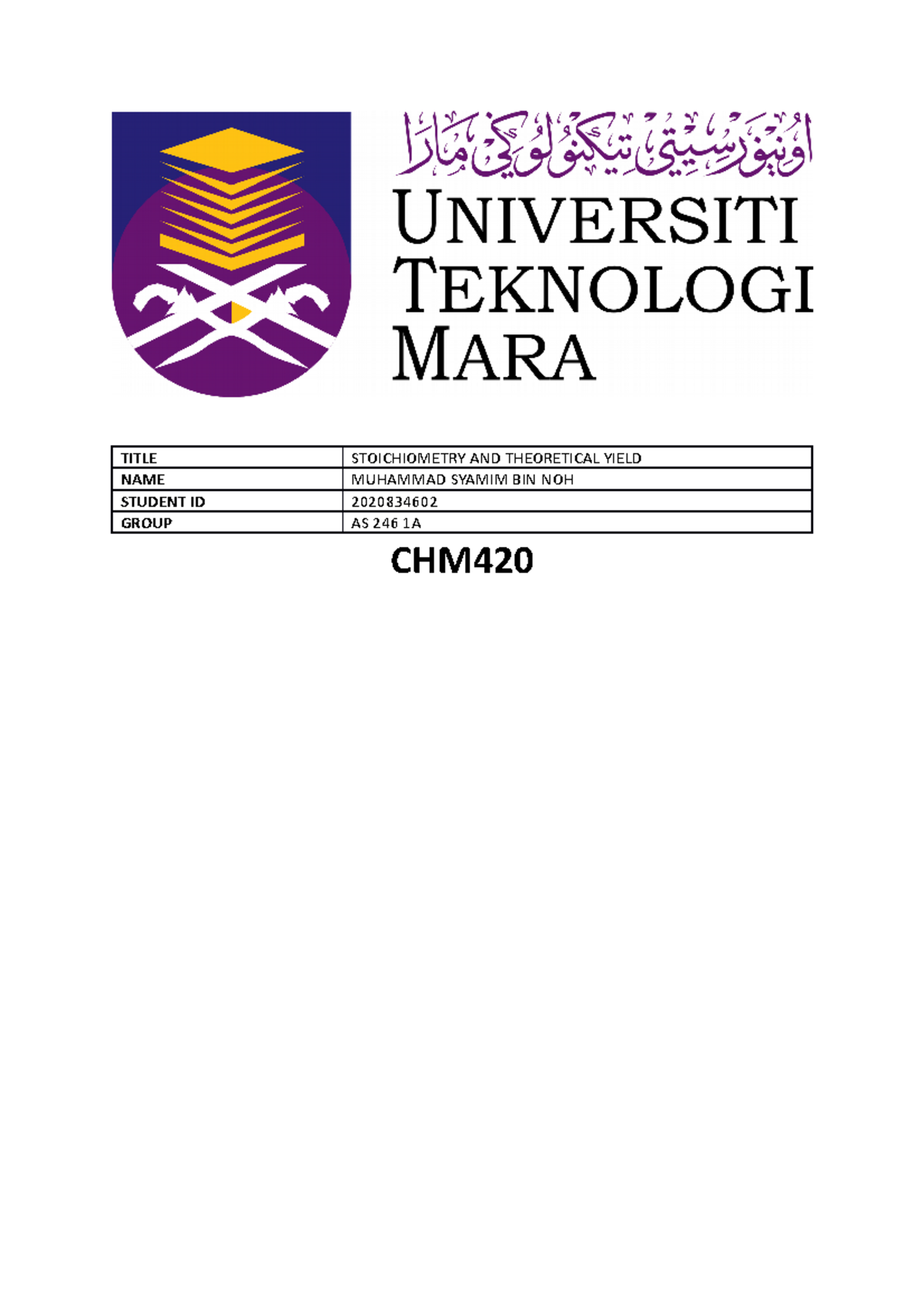 CHM Lab Exp 4: Stoichiometry & Theoretical Yield Analysis - Studocu