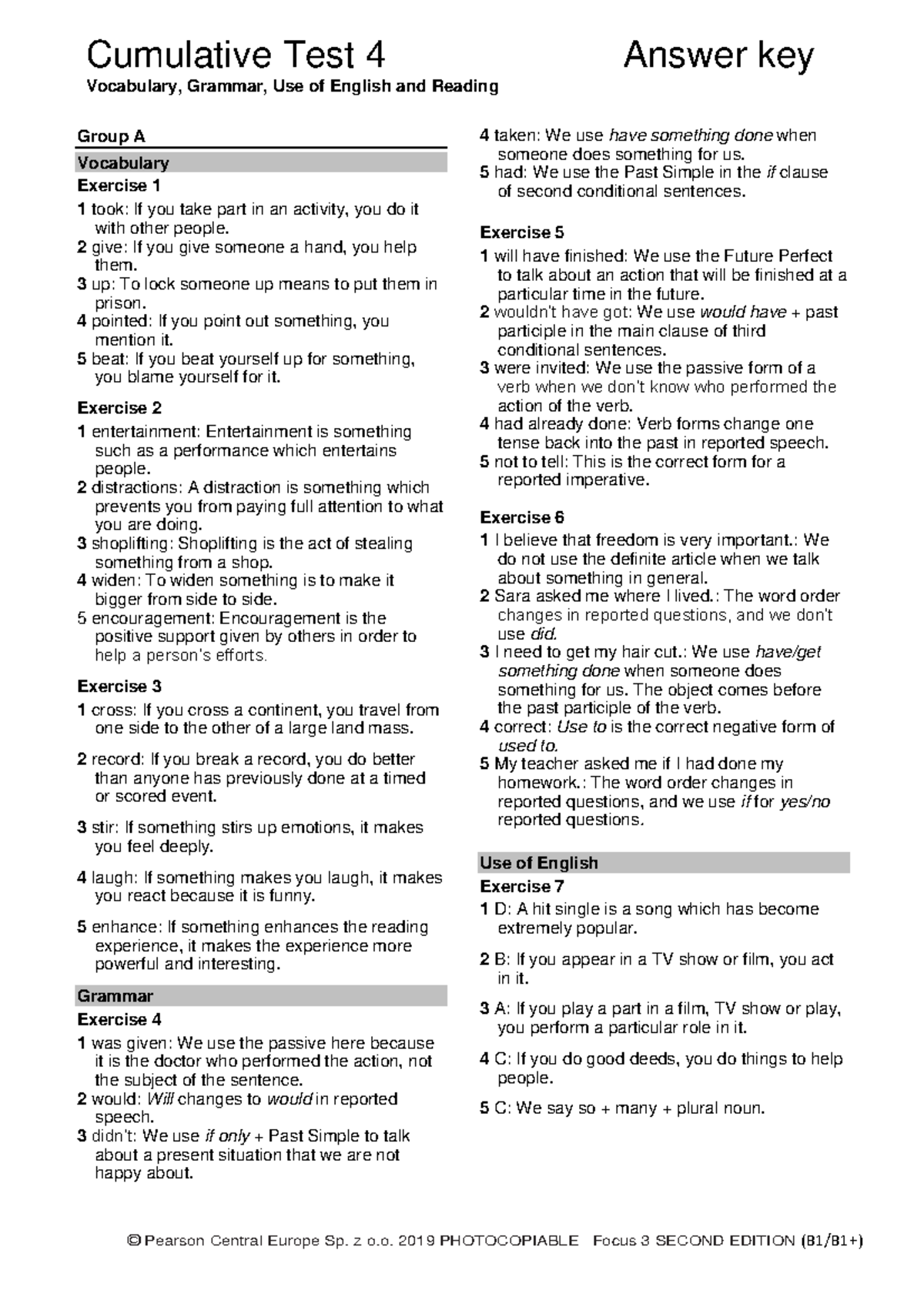 Focus 3 2E Cumulative Test 4 Units 1-8 Answers - Cumulative Test 4 ...