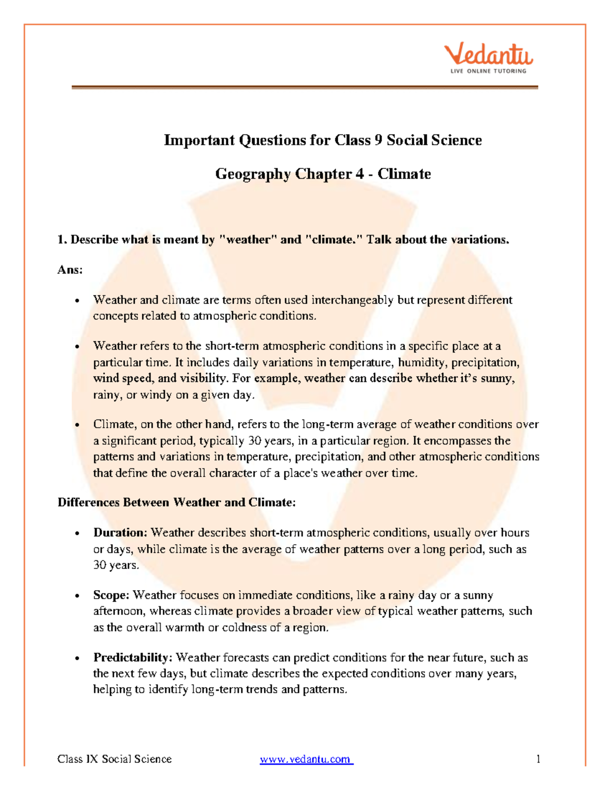 CBSE Class 9 Geography Chapter 4 Climate Key Q&A Notes - PDF - Studocu