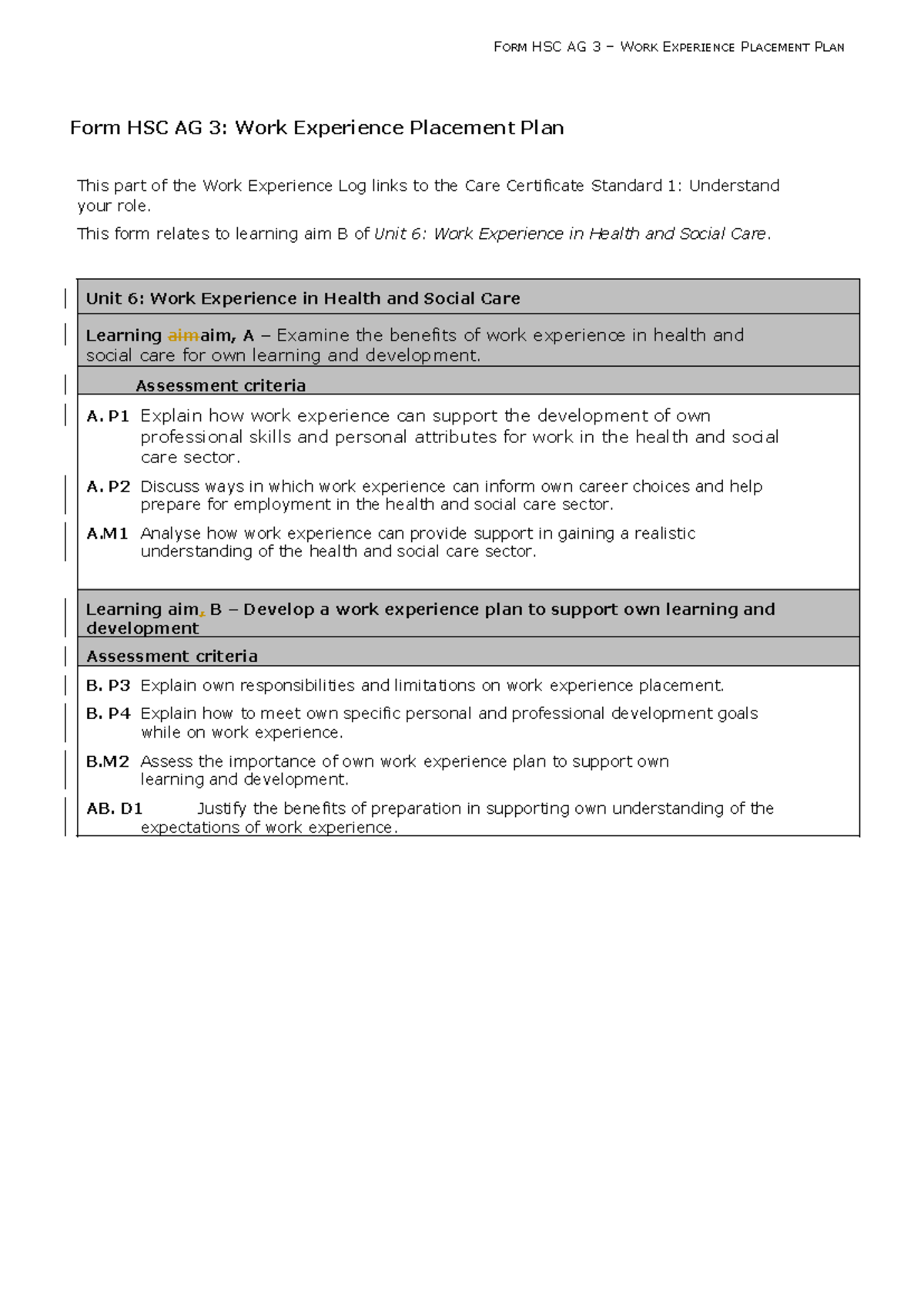 HSC AG 3: Work Experience Placement Plan and Professional Development ...