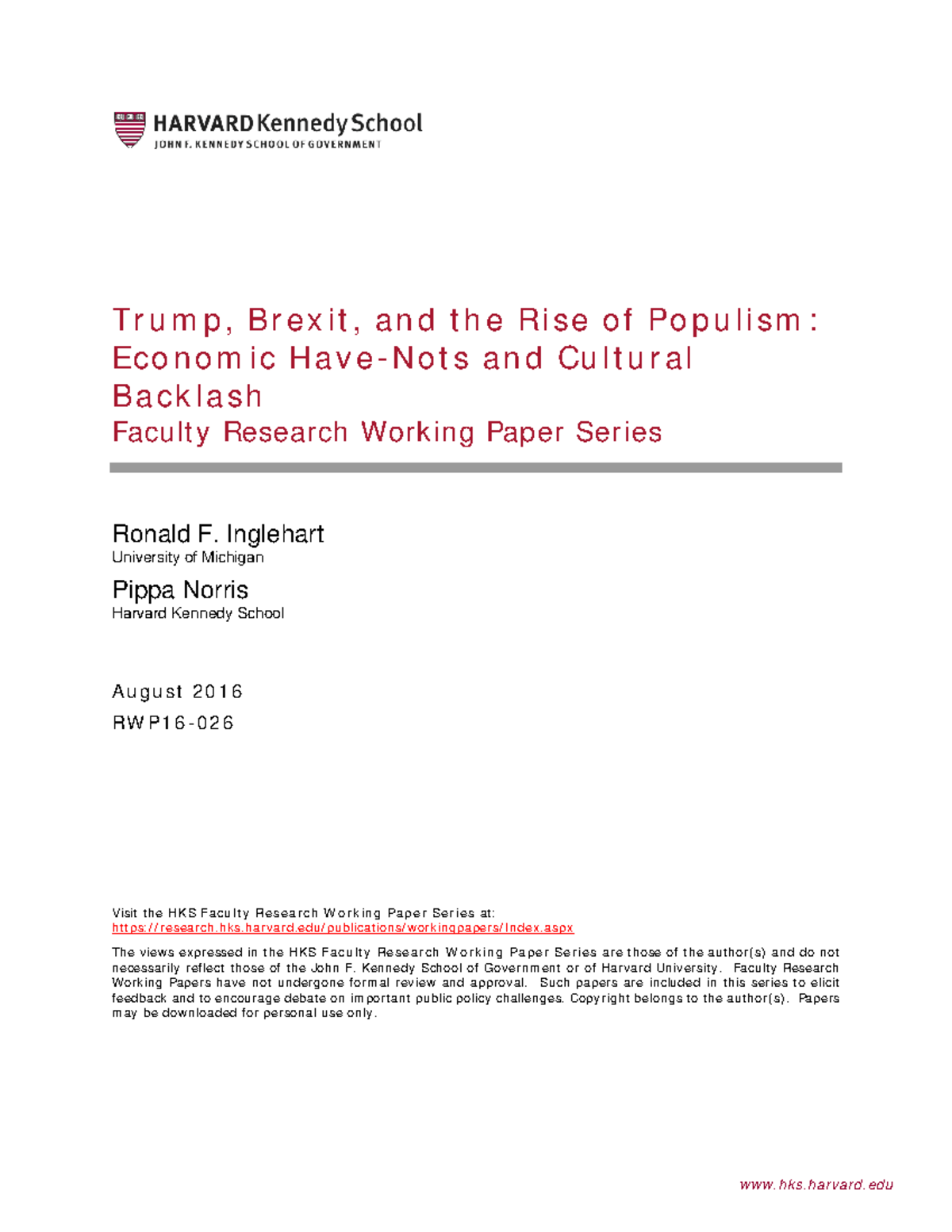 RWP16-026 Norris - Research paper on populism - hks.harvard Trump ...