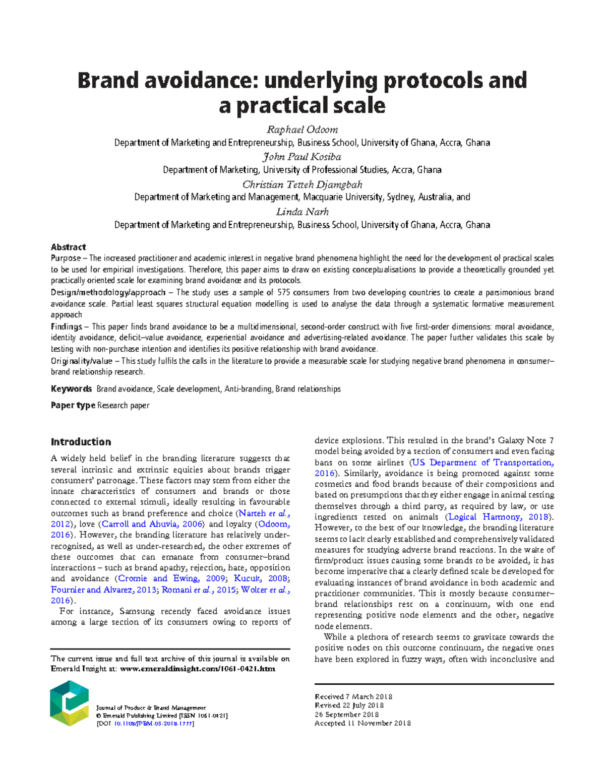 Brand Avoidance: Developing a Practical Scale for Measurement - Studocu
