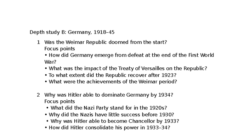Depth Study B: IGCSE Revision on Weimar & Nazi Germany - Studocu