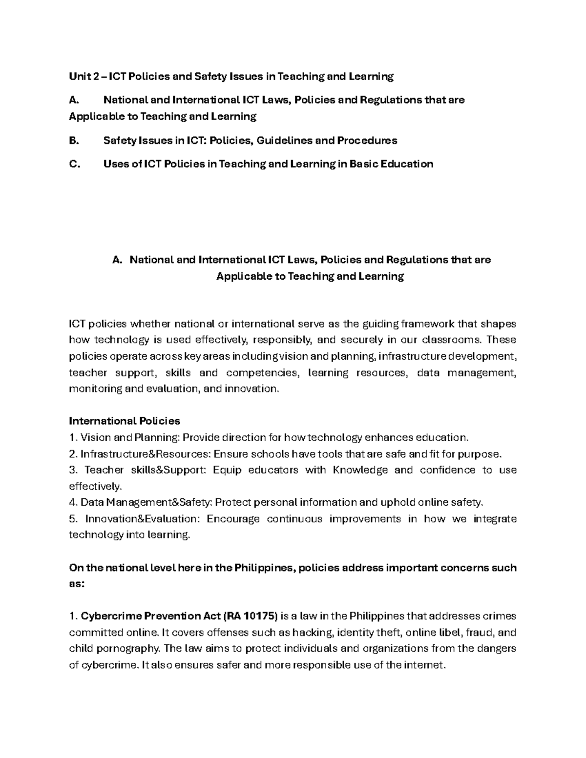 Unit 2 ICT Policies & Safety Issues in Teaching and Learning Notes ...