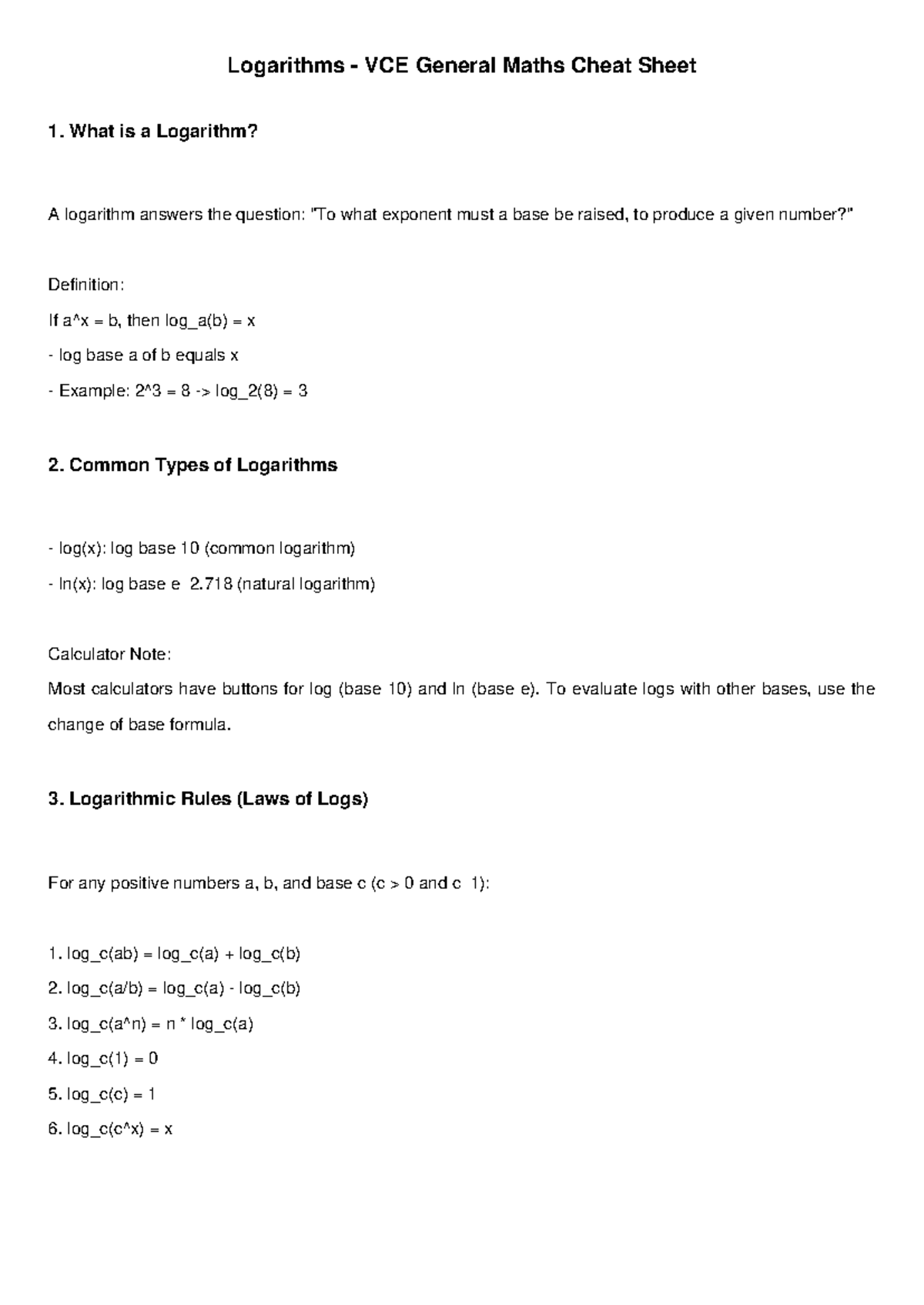 VCE General Maths Logarithms Cheat Sheet - Final Exam Guide - Studocu