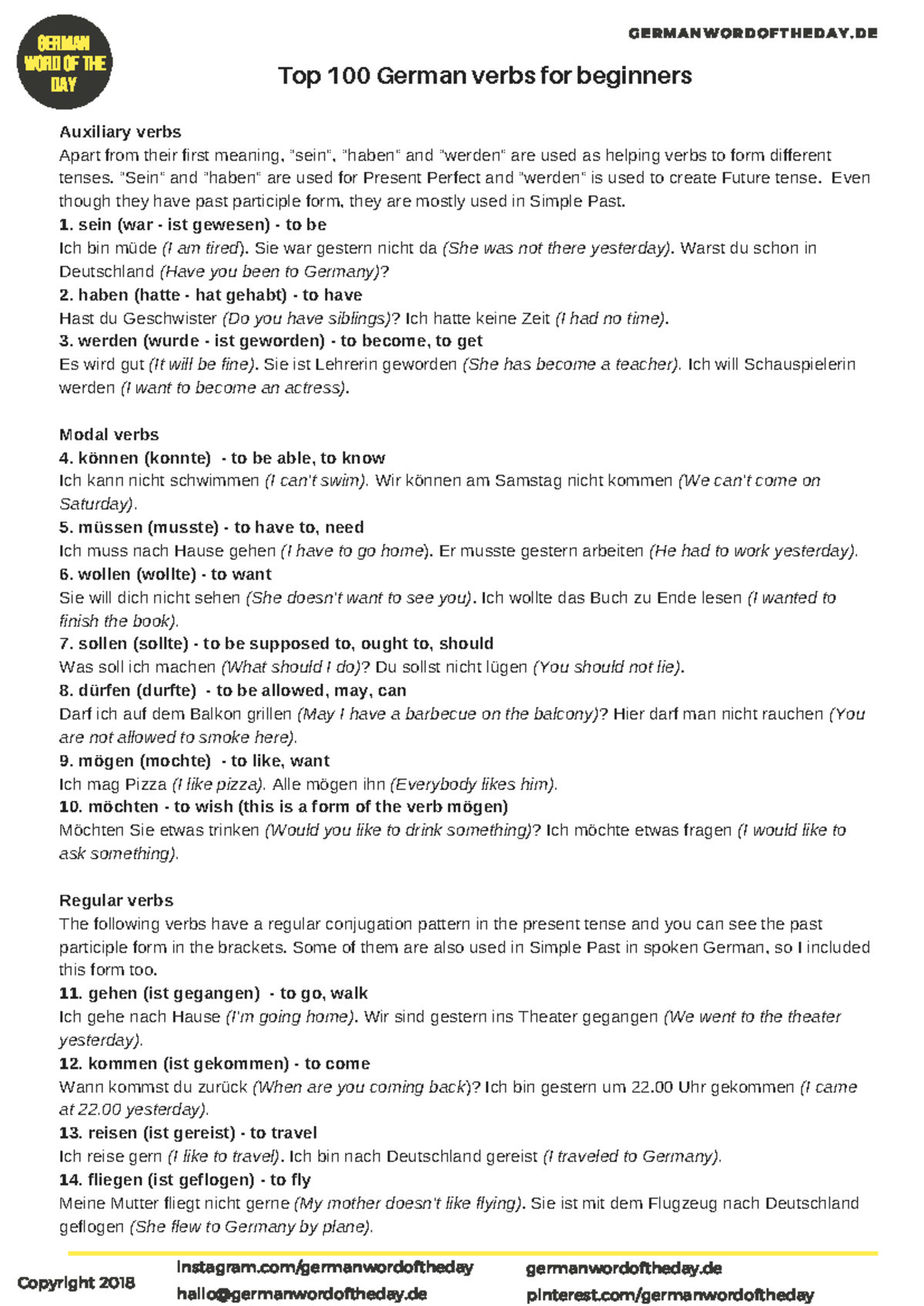 100 German verbs for beginners - German Word of the day Copyright 2018 ...