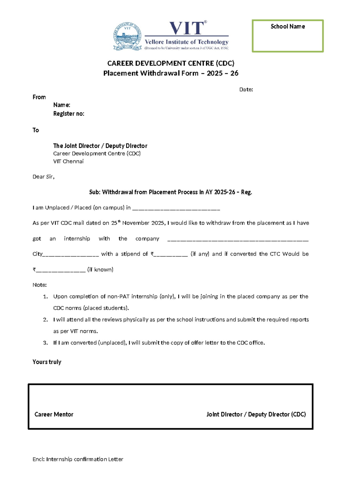Placement Withdrawal Form 2025-26 - VIT CDC - Studocu