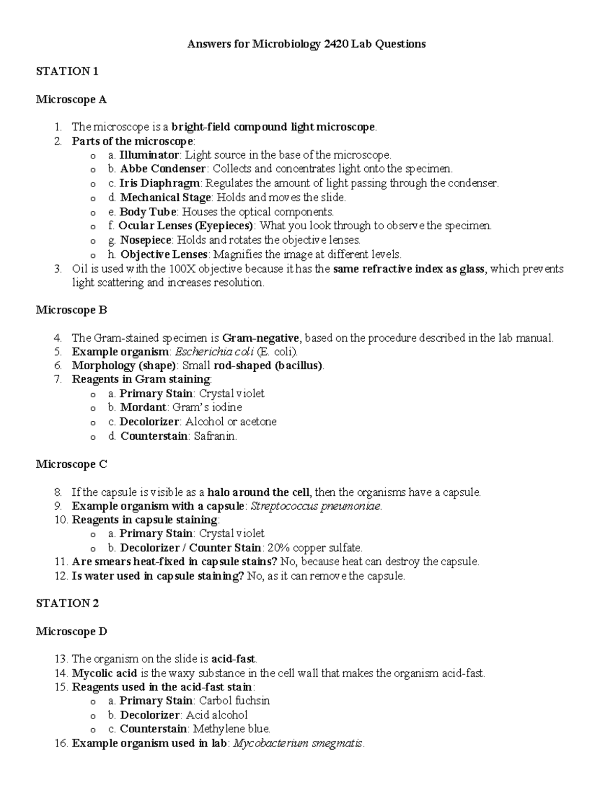 Microbiology 2420 Lab Study Guide: Key Questions & Answers - Studocu