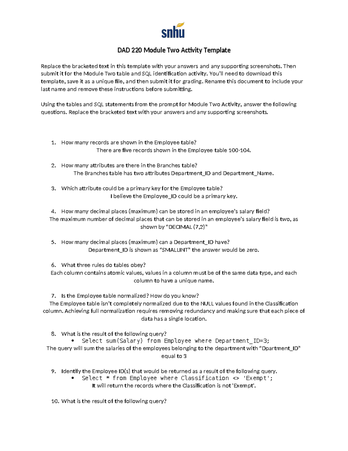 DAD 220 Module Two Activity: SQL Tables & Queries Analysis - Studocu