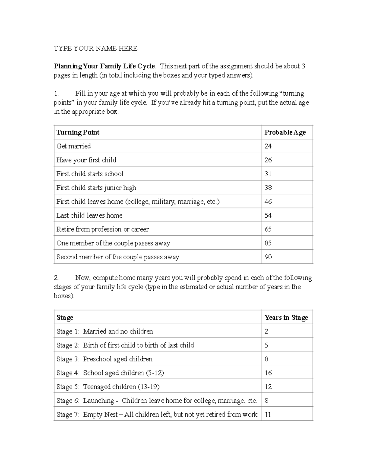 Assignment 1 Family Life Cycle - TYPE YOUR NAME HERE Planning Your ...