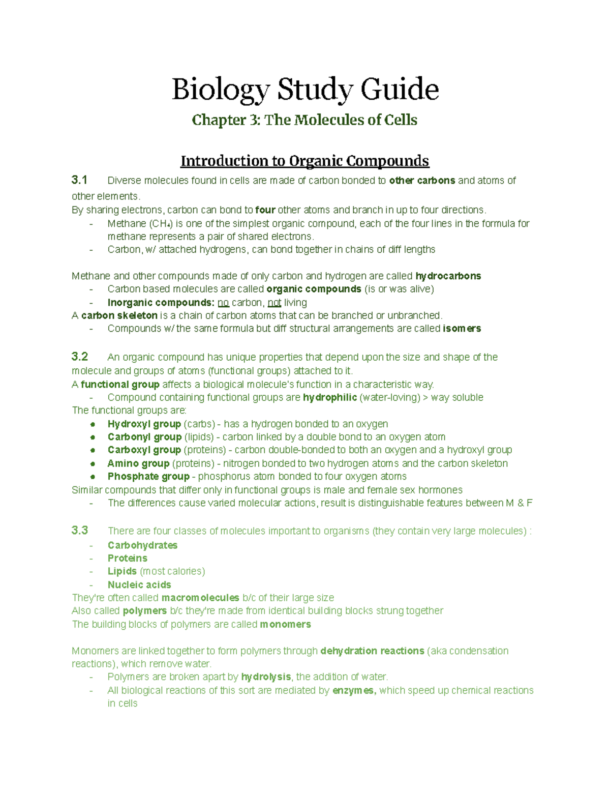 Biology Study Guide: Chapter 3 - Molecules of Cells (BIO 101) - Studocu